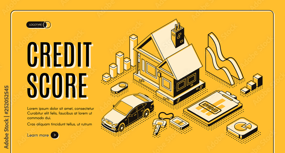 Bank consumer credit isometric vector promo web banner with cottage ...