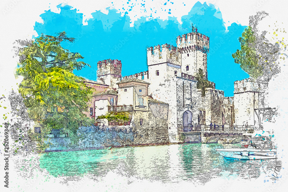 Watercolor sketch or illustration of a beautiful view of the medieval ...