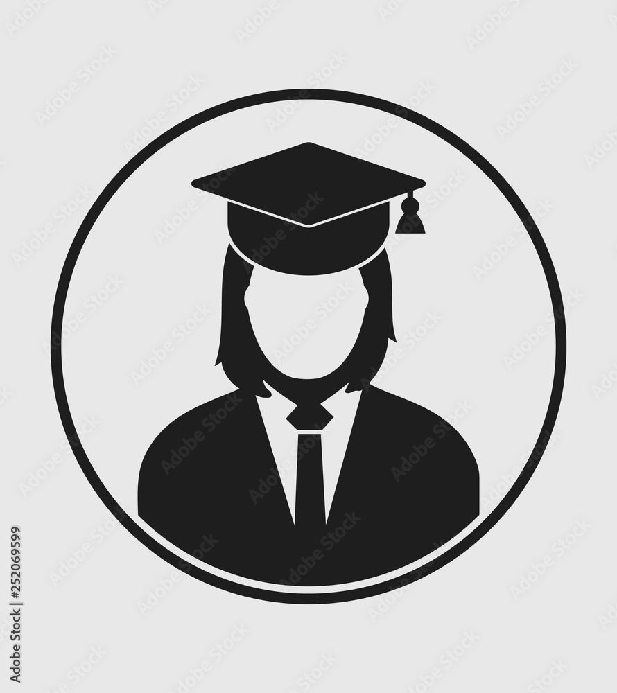 Female graduate student profile icon with gown and cap. Flat style ...