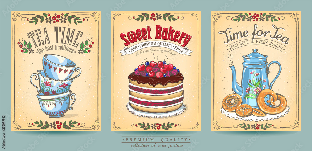 Card collection of hand-drawn cakes. Vintage posters of bakery sweet ...