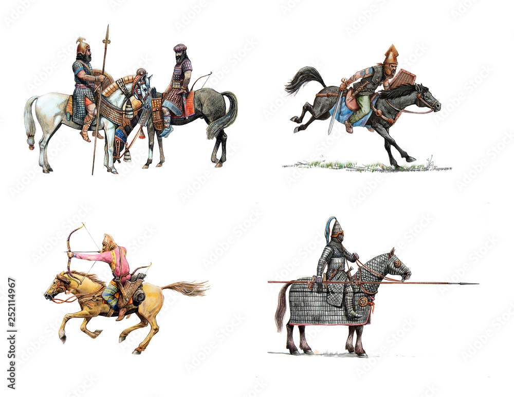 Ancient mounted warriors. Set of 4 isolated historical illustration ...