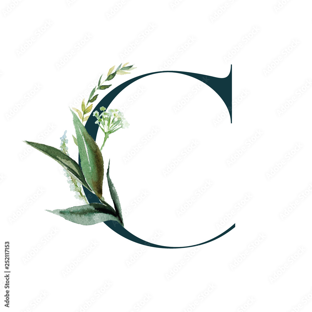 Green Floral Alphabet - letter C with botanic branch bouquet ...