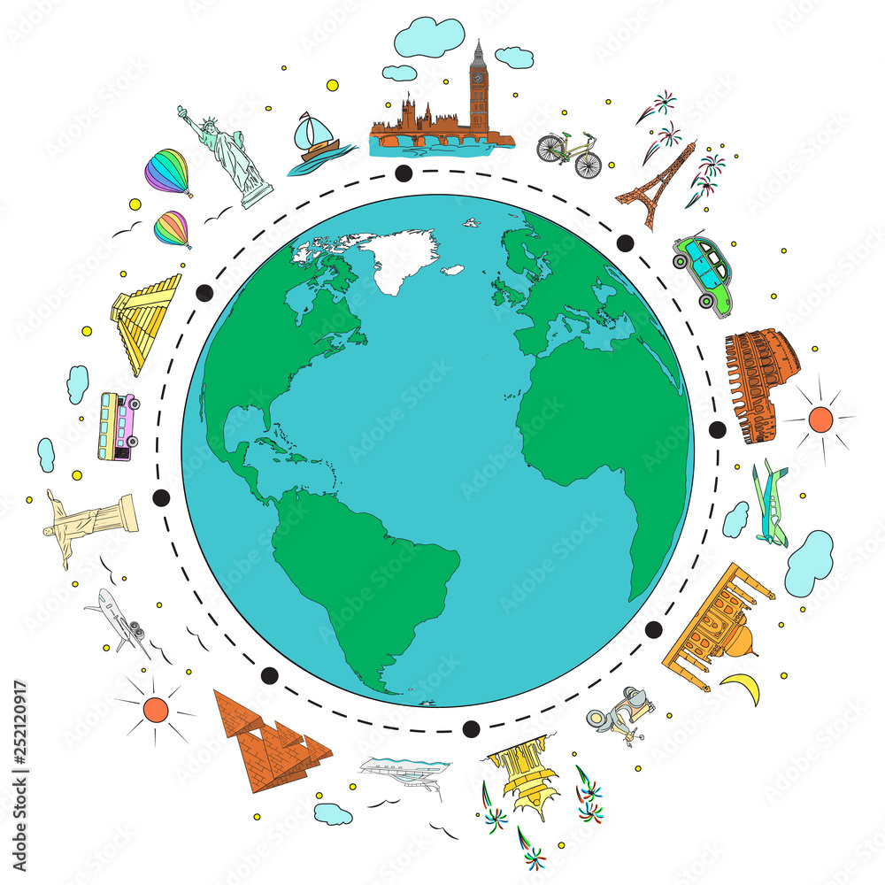 Travel color sketch. Earth with attractions and trip transport. Vector ...