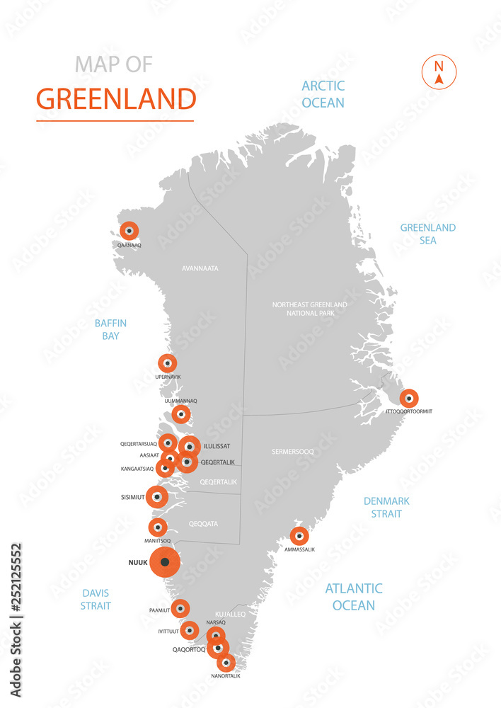 Stylized vector Greenland map showing big cities, capital Nuuk, administrative divisions. Stock ...