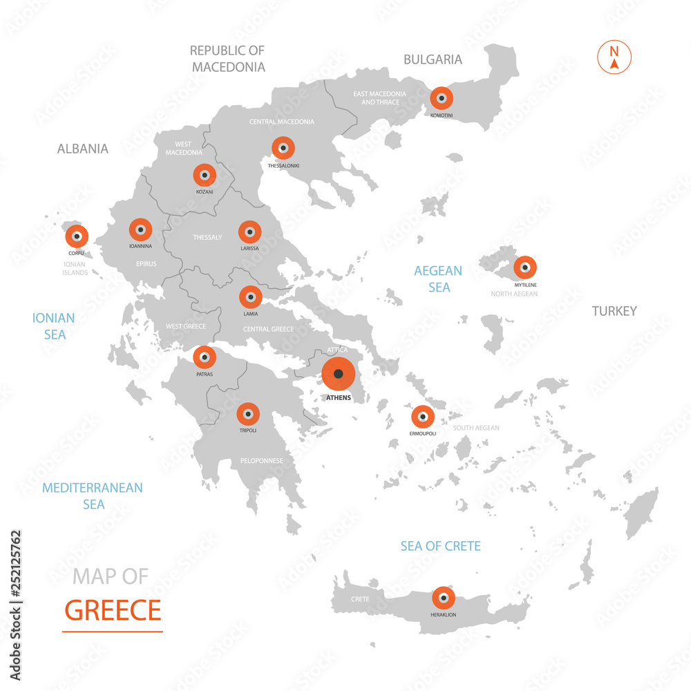 Stylized vector Greece map showing big cities, capital Athens ...
