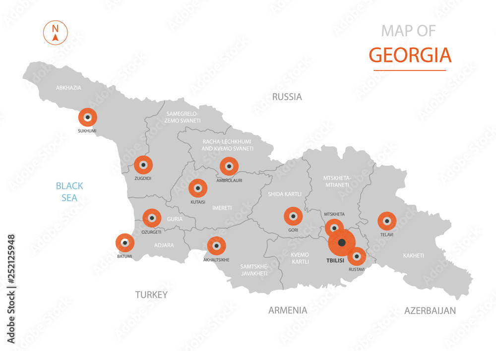 Stylized vector Georgia map showing big cities, capital Tbilisi ...