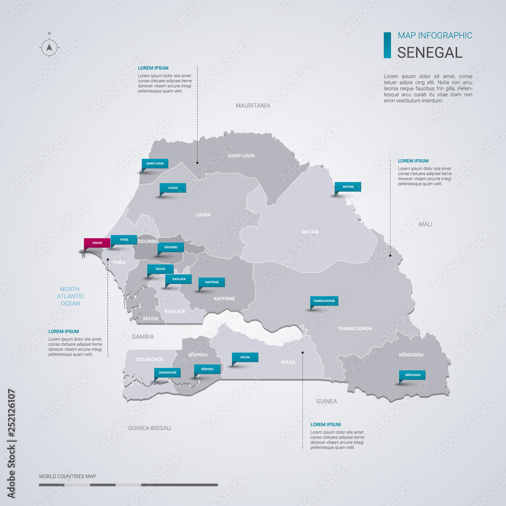 Senegal vector map with infographic elements, pointer marks. Stock ...