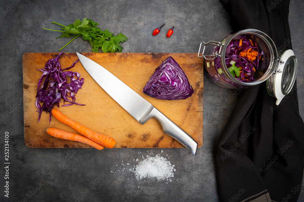 Preparation of homemade red cabbage, fermented, with chili, carrot and ...