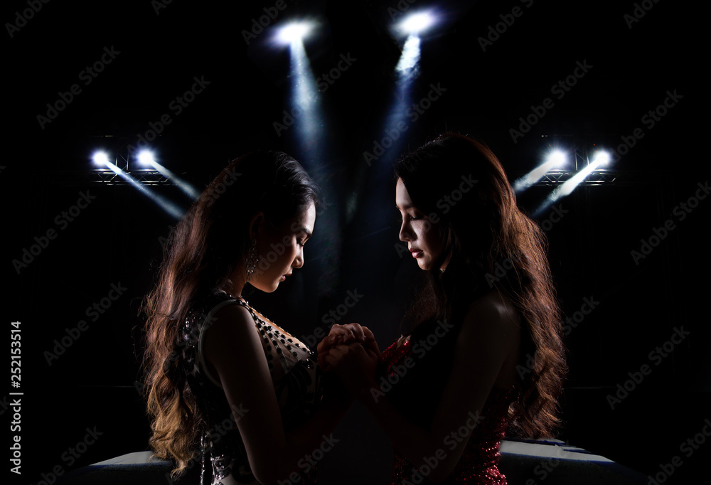 Portrait of Two Miss Asian Women Pageant Beauty Contest in Evening Ball ...