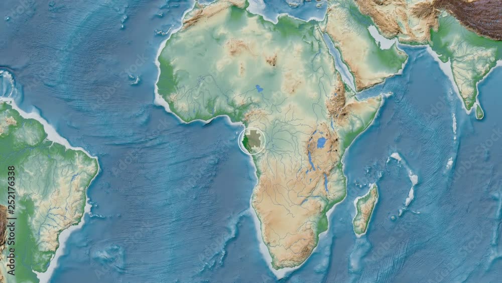 Gabon area presented against the global physical map in the Fahey projection with animated ...