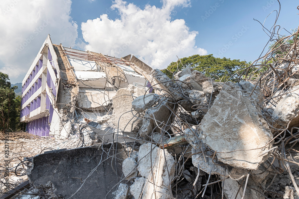 Debris and destroyed building that collapsed from the earthquake. Stock ...