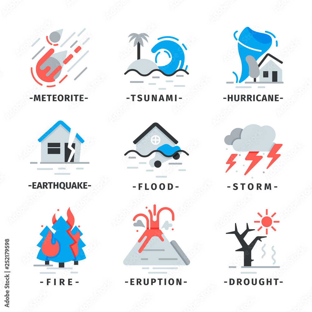 Flat vector set of natural disaster icons. Falling meteorite, hurricane ...