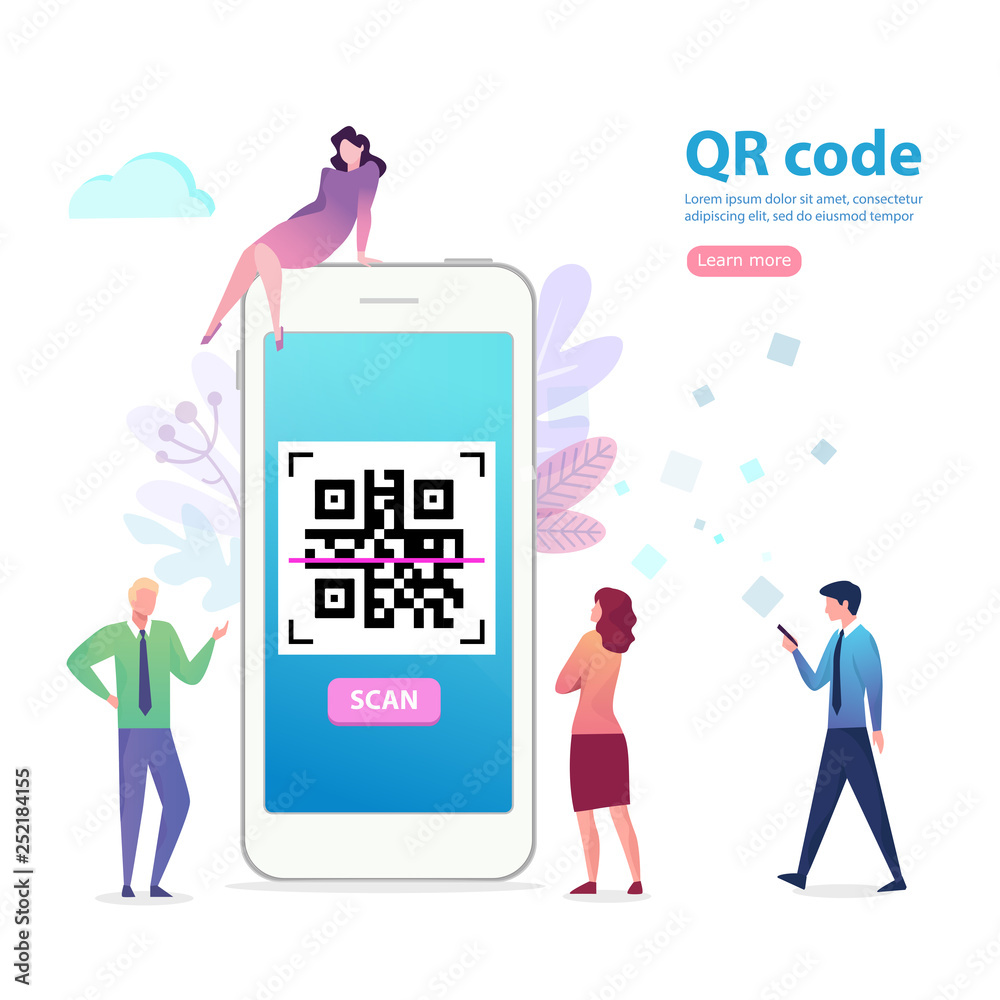 phone with QR code and characters. Flat vector cartoon illustration for ...