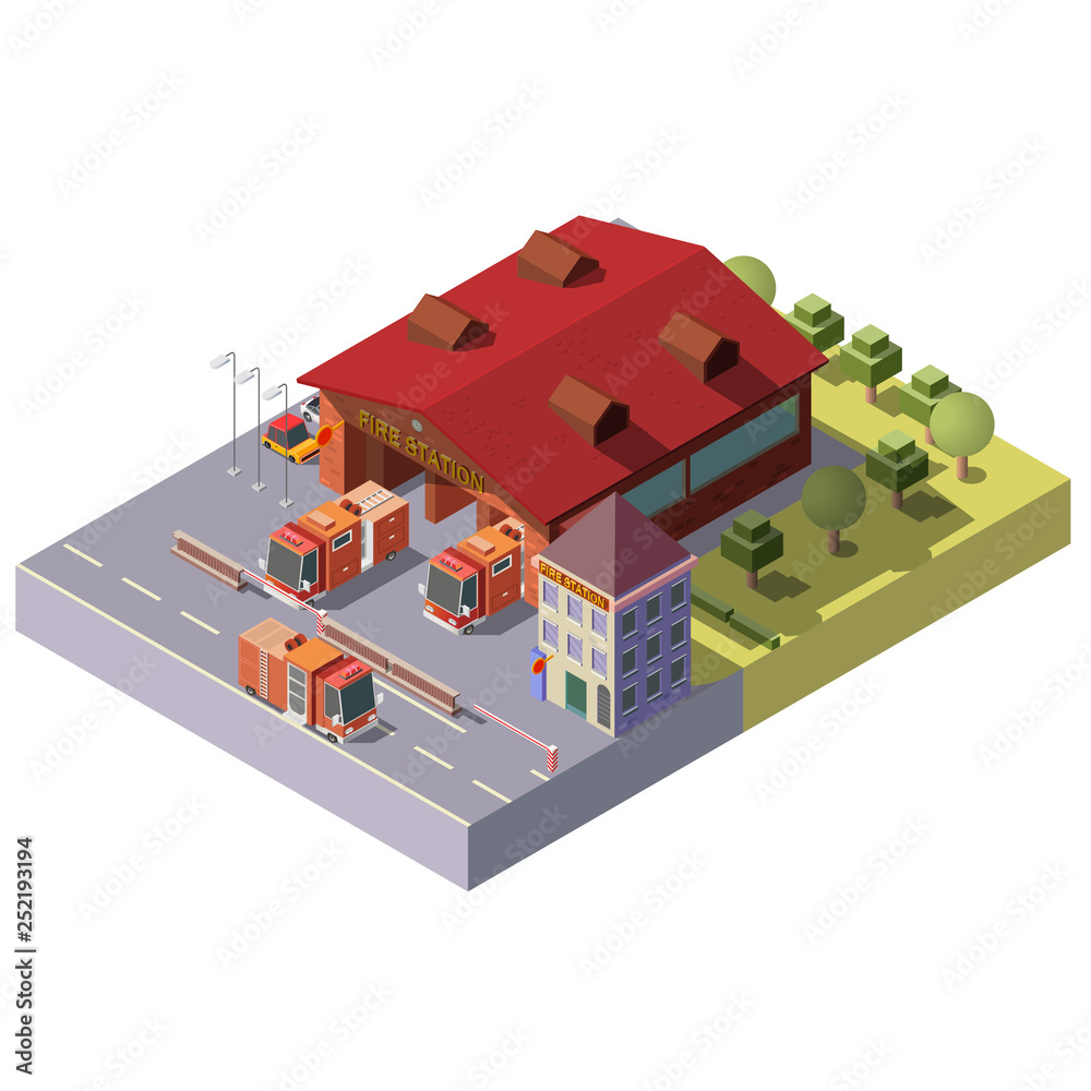Vector 3d isometric fire station with red trucks, watch tower and green ...