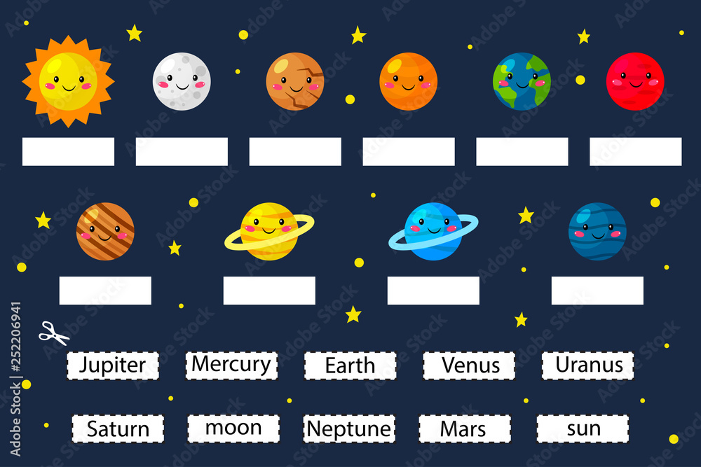 Learn the planets, educational game for preschool kids. Cut and glue ...