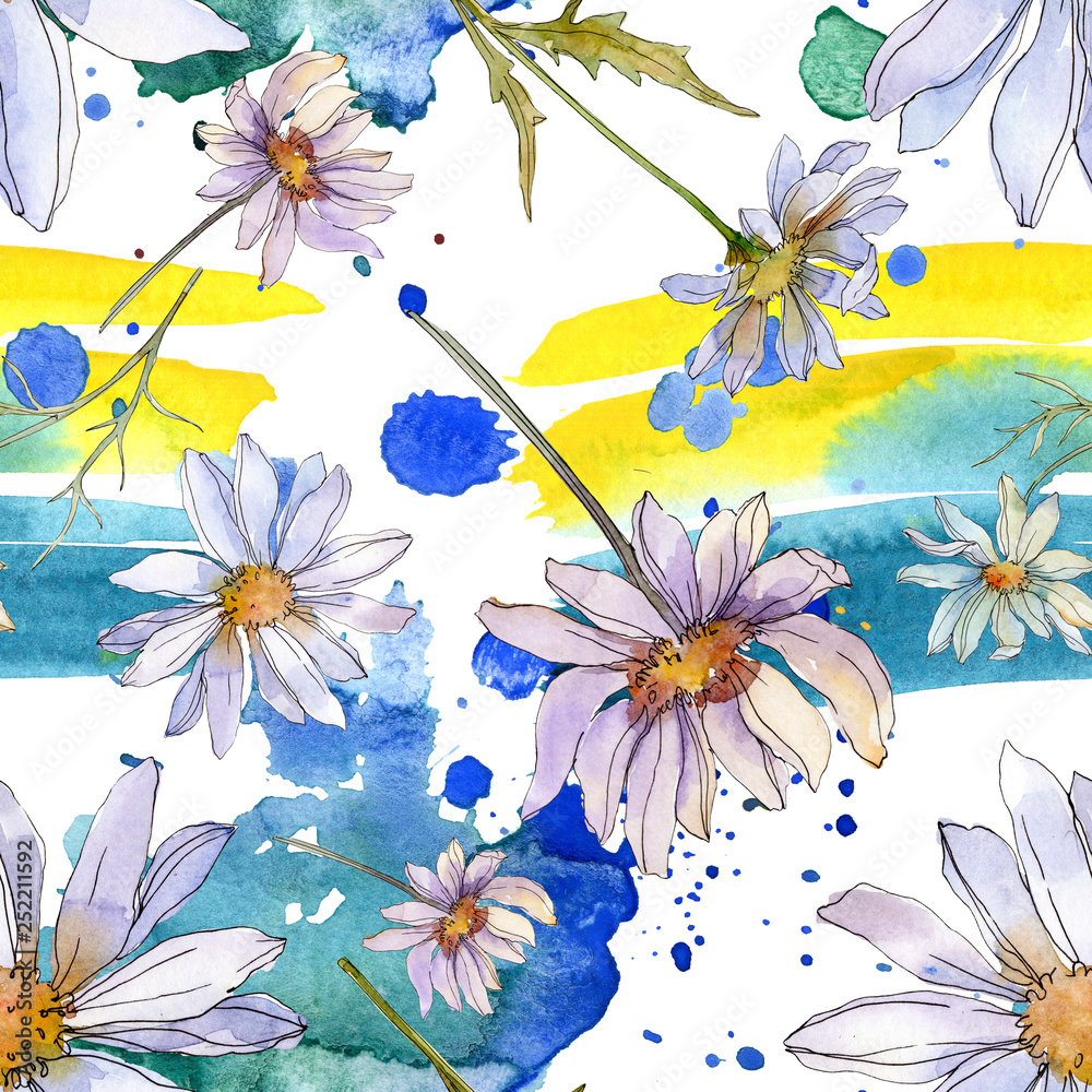 Daisy floral botanical flower. Watercolor illustration set. Seamless ...