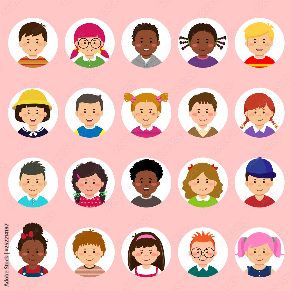 Set of kids faces, avatars, children heads different nationality in ...