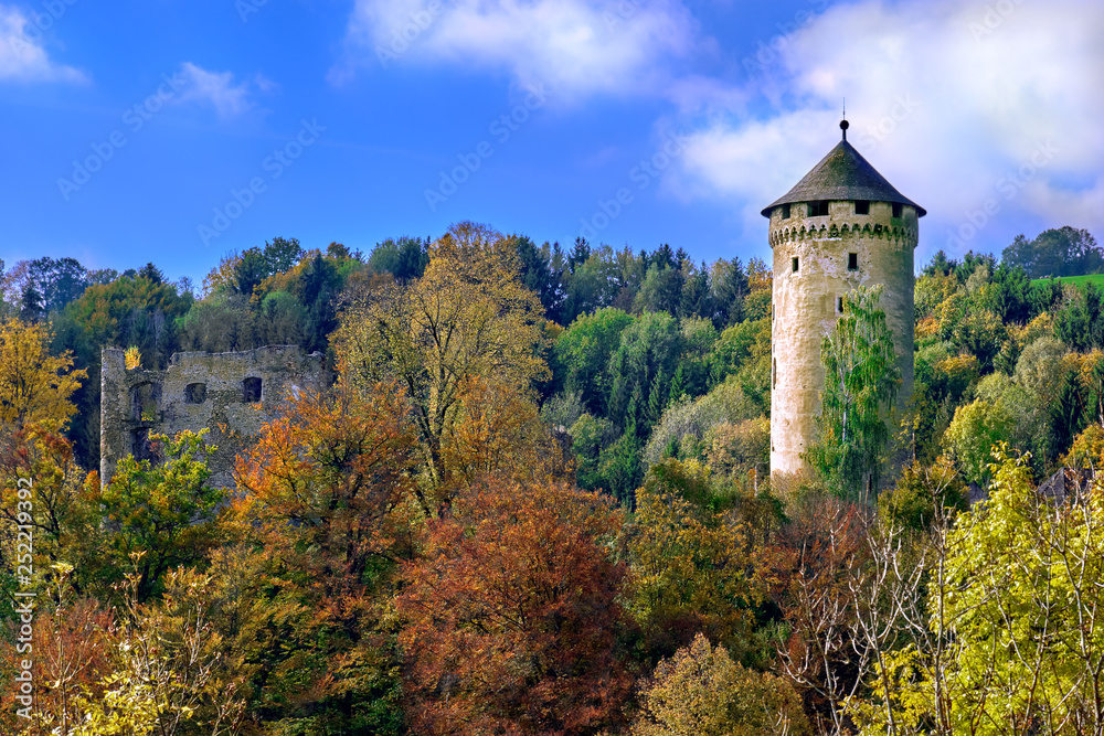 Old medieval castle tower on a hill in the forest in Europe on a bright ...
