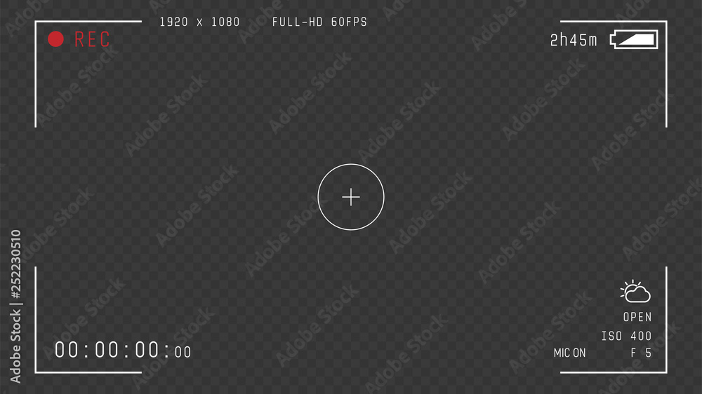Video camera viewfinder overlay. 16:9 full hd format of frame with 60 ...