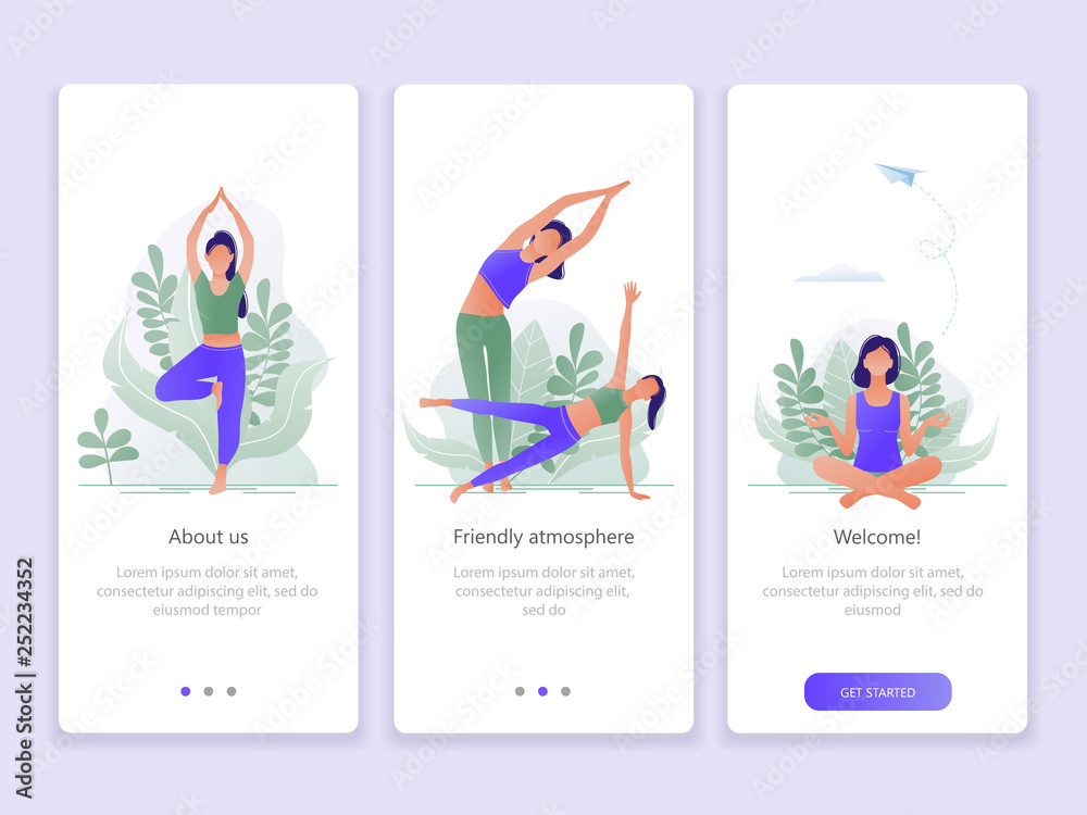 Yoga School, Studio, Class. Onboarding screens user interface kit ...