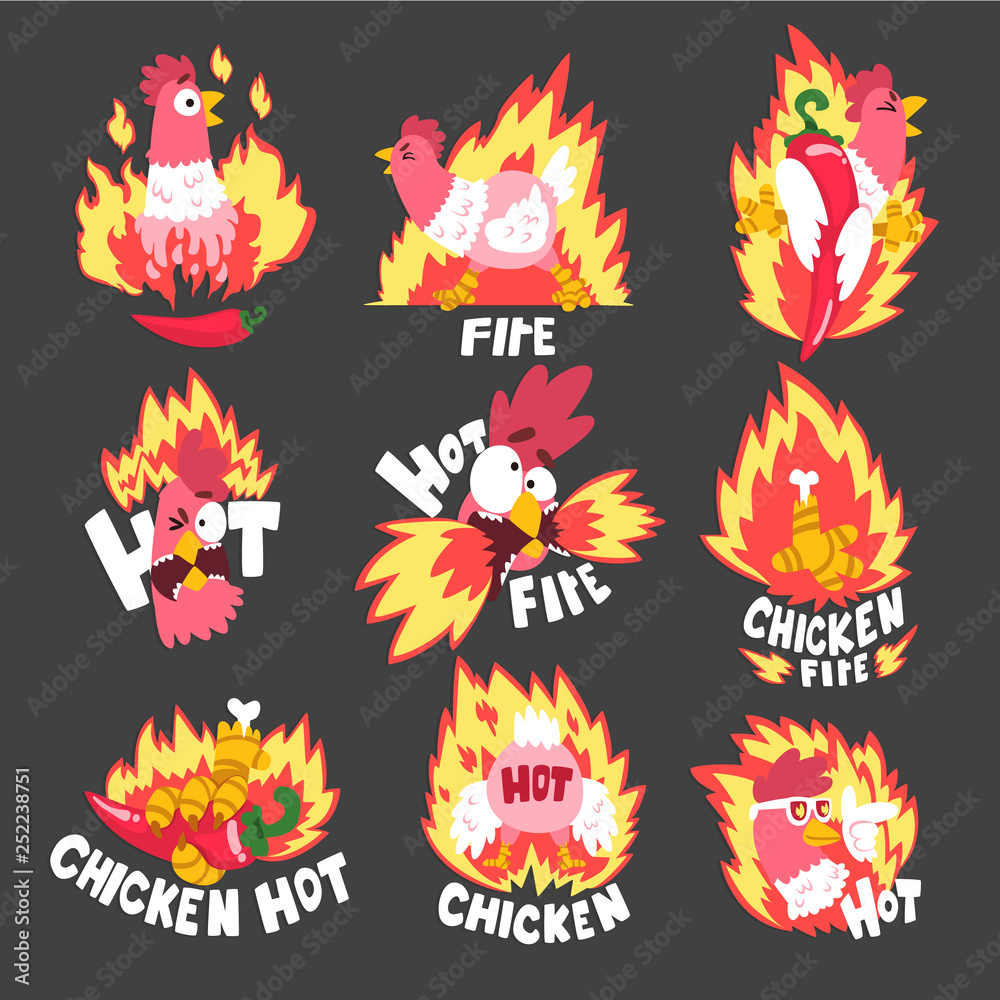 Hot spicy fire chicken set, creative logo design templates vector ...