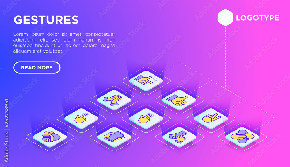 Hands gestures web page template with thin line isometric icons ...