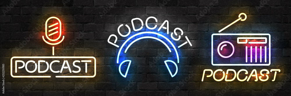 Vector set of realistic isolated neon sign of Podcast logo for template ...