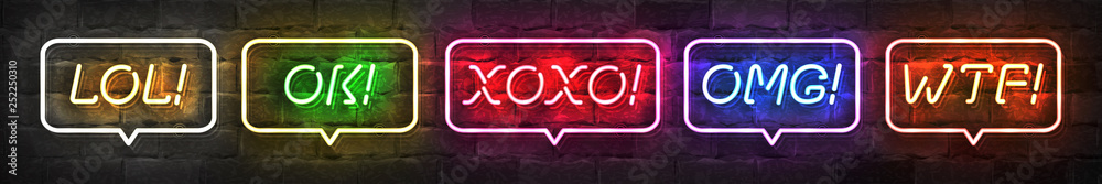 Vector set of realistic isolated neon sign of LOL, Ok, XOXO, OMG and ...