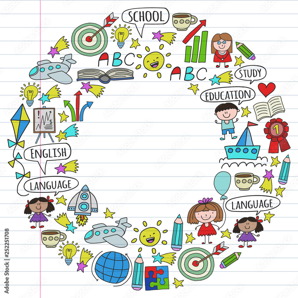 Vector set of learning English language, children's drawing icons in ...