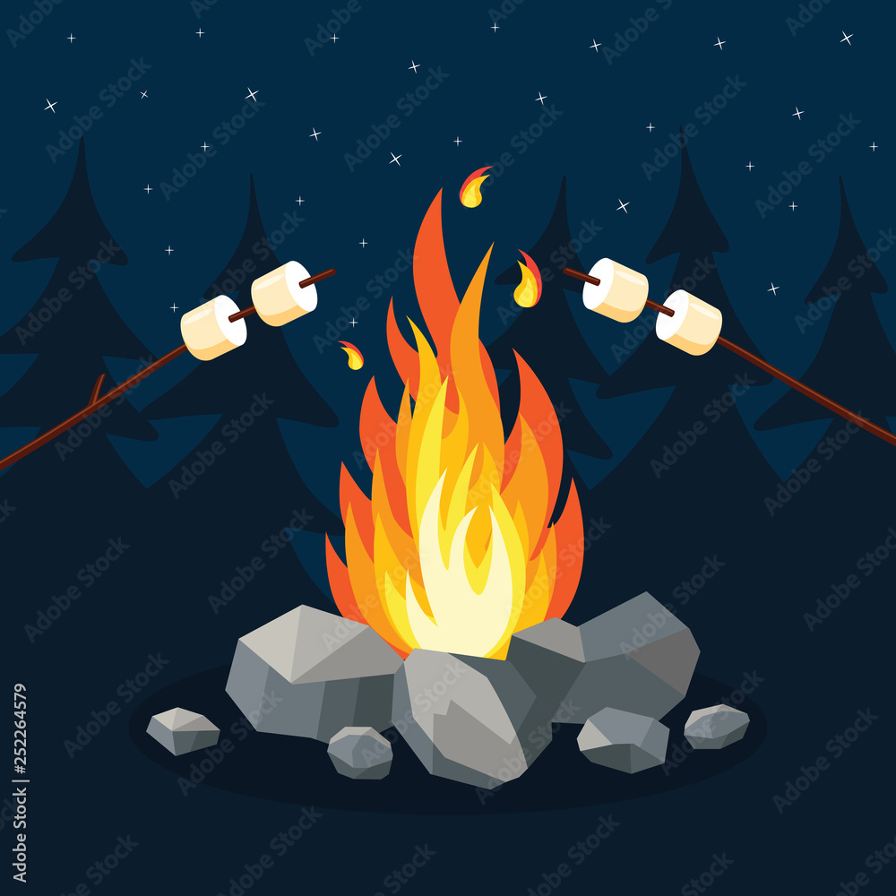 Cartoon fire flames, bonfire, campfire isolated on background. Vector ...