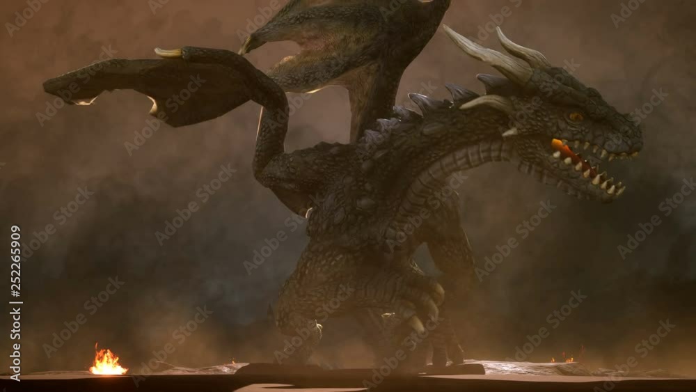 A big angry dragon in the desert is fighting off its enemies. 3D ...