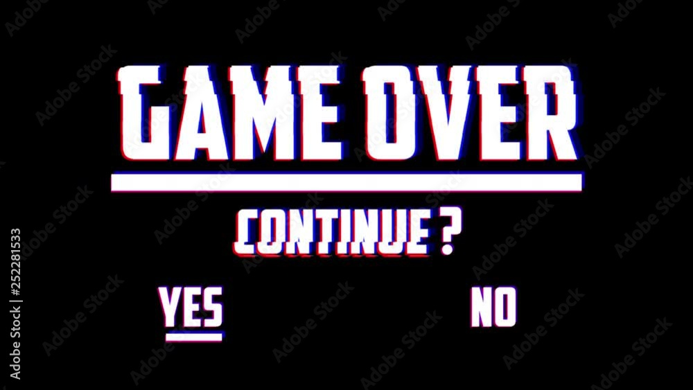 A videogame ending screen text on a tv: Game over Continue Yes No ...