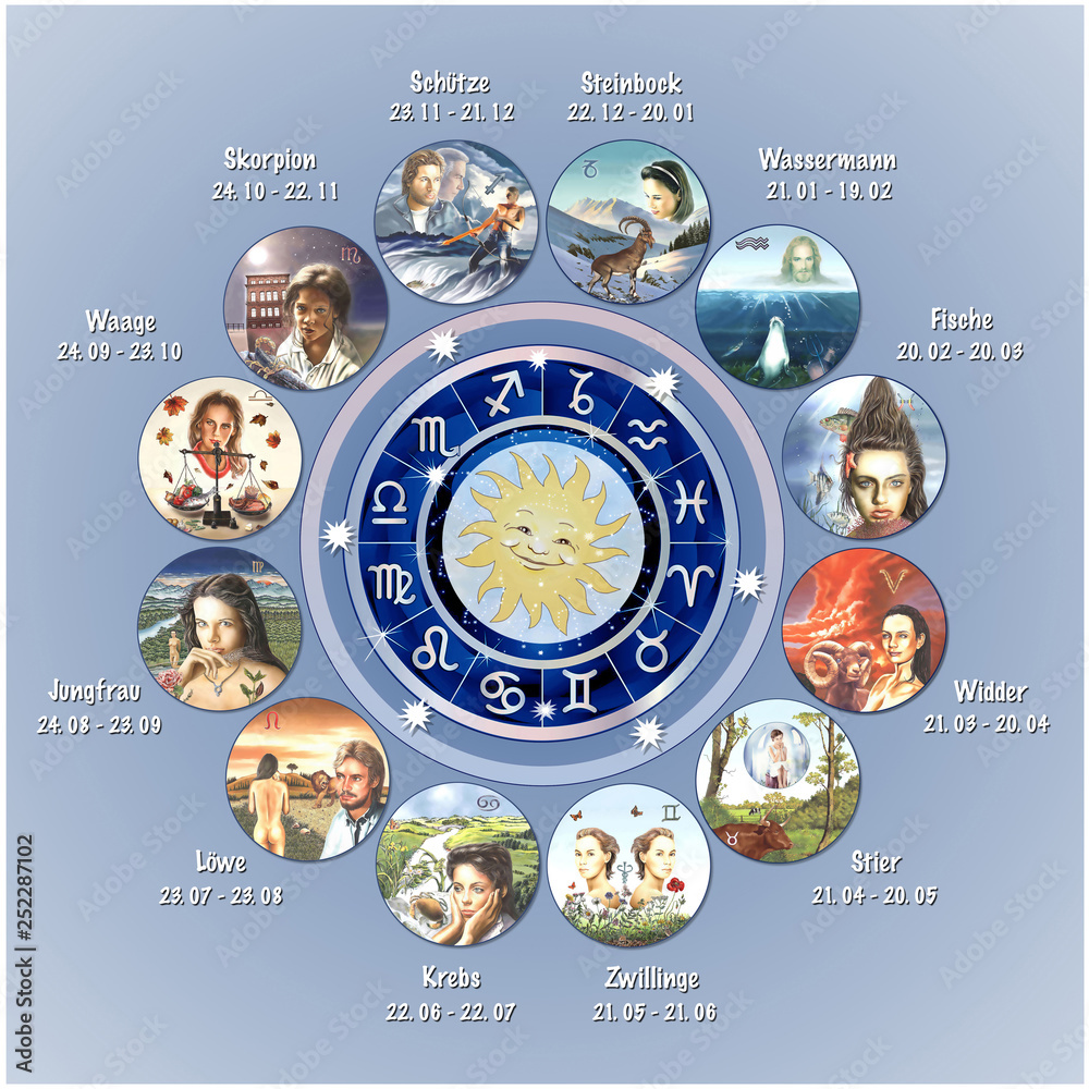 Die 12 Sternzeichen.Tierkreiszeichen.Astrologie.Horoskop Stock ...