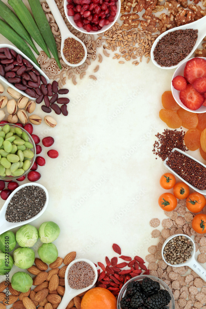 High fibre health food background border of fresh vegetables, fruit ...