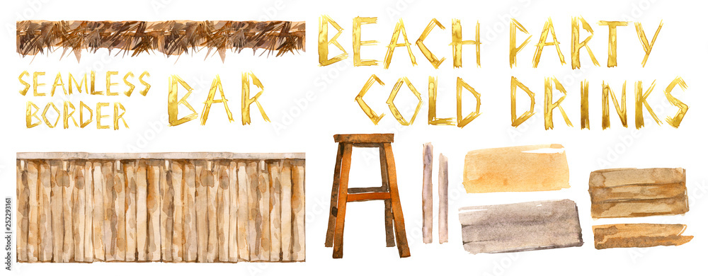 Beach Bar Watercolor Set. Seamless border of Wood Texture. Summer ...
