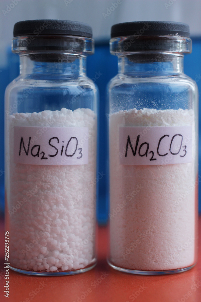 Two glass jars with sodium carbonate and sodium silicate, substances ...