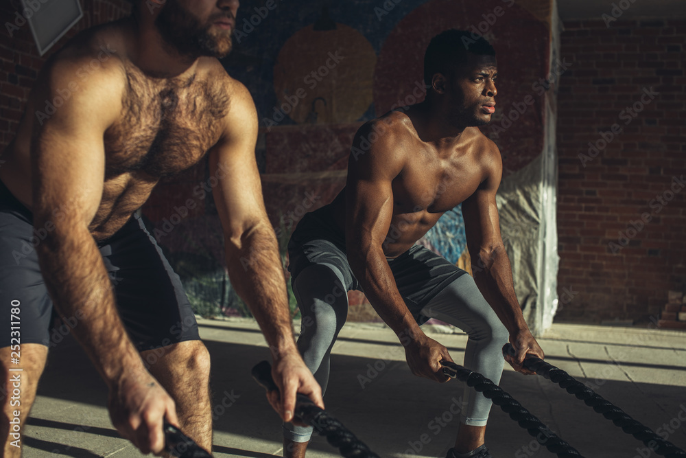 Two multiethnic shirtless male bodybuilders are exercising with ...