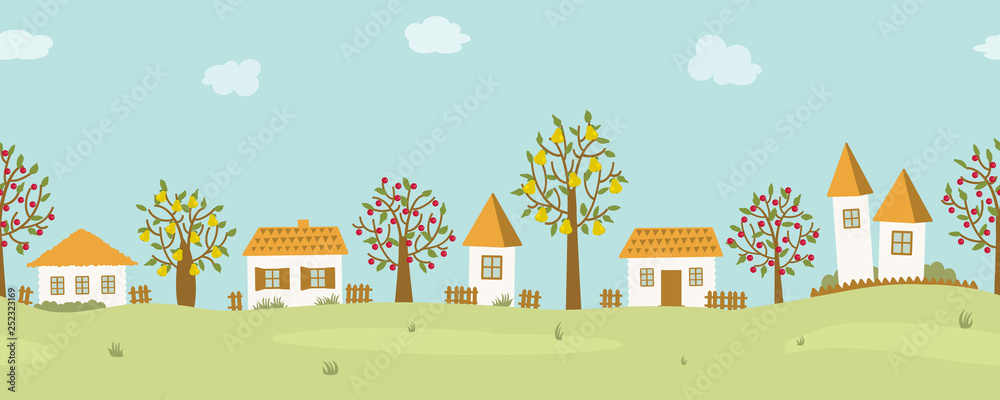 Country landscape. Seamless border. Summer in the village. There are ...