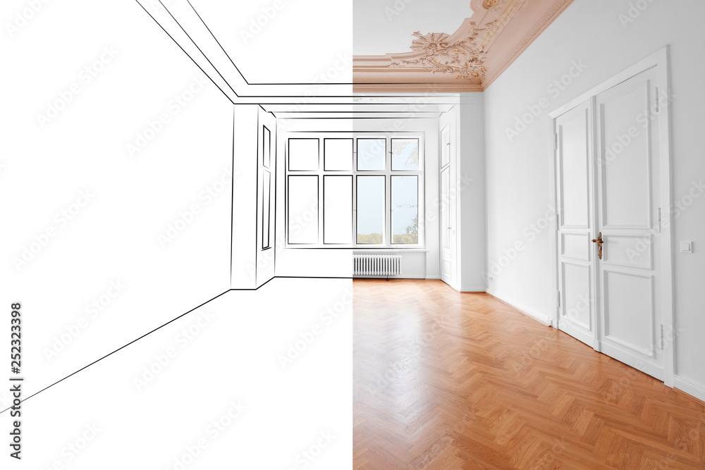 apartment room photo merged with draft sketch / drawing - Stock Photo ...