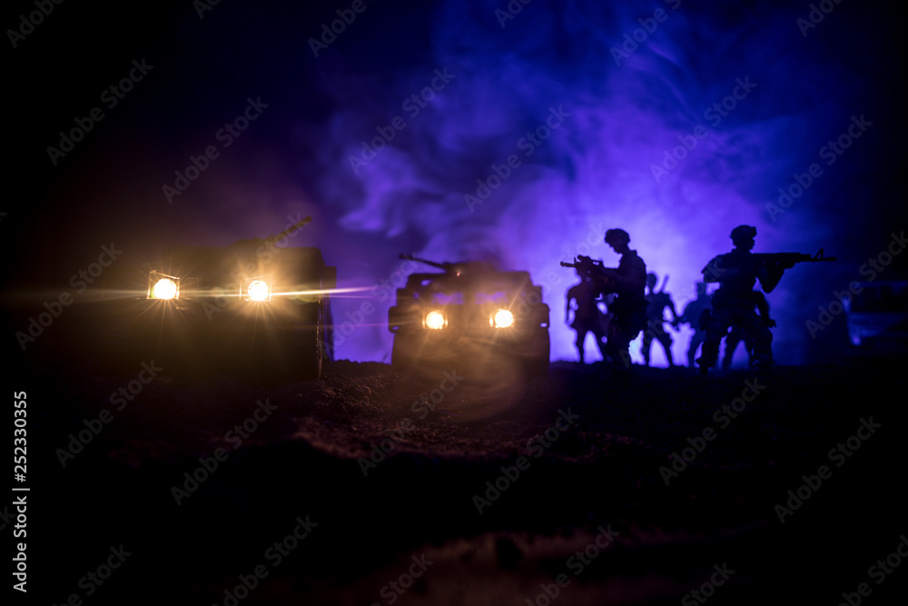 War Concept. Military silhouettes fighting scene on war fog sky ...