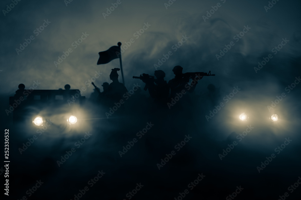 War Concept. Military silhouettes fighting scene on war fog sky ...
