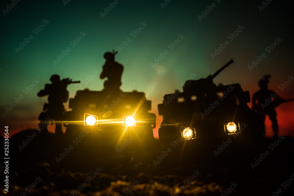 War Concept. Military silhouettes fighting scene on war fog sky ...