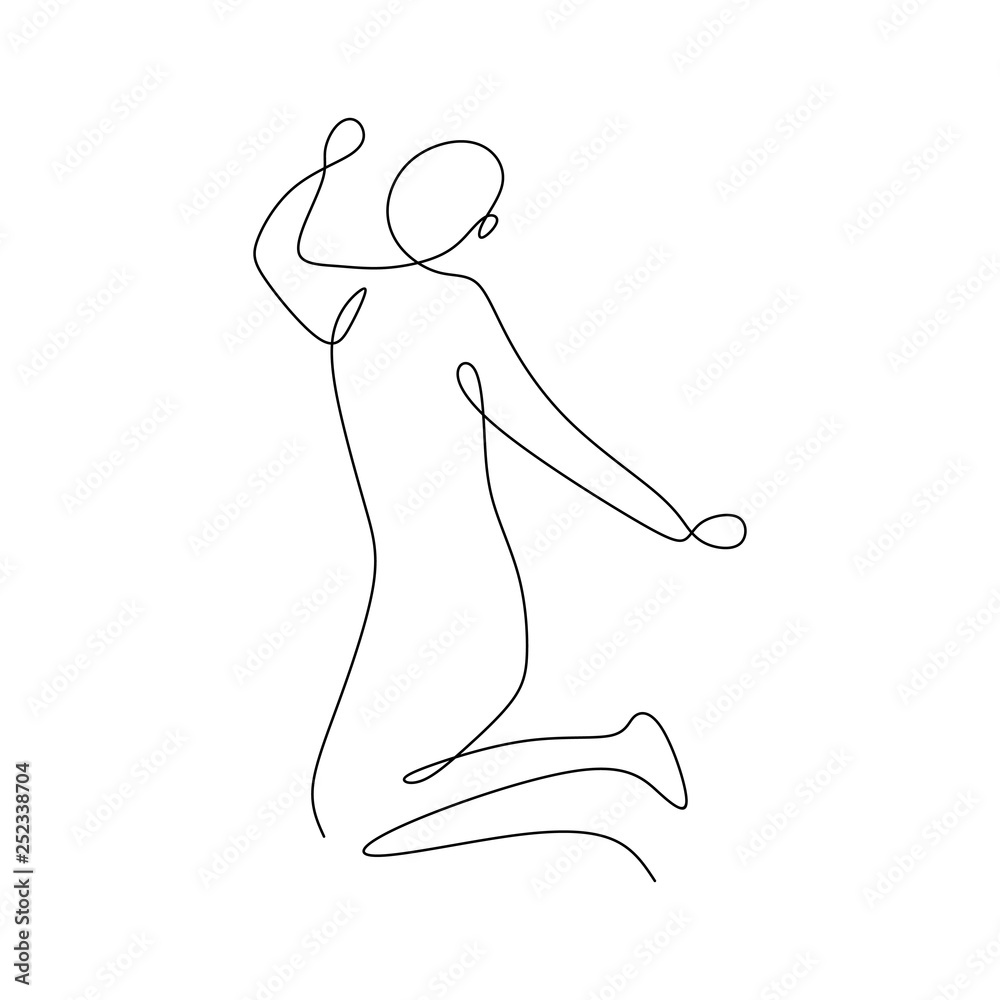 Happy man rising his hand with continuous line art drawing vector ...