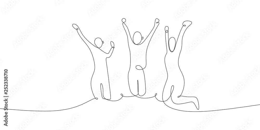 Happy three person rising their hands with continuous line art drawing ...