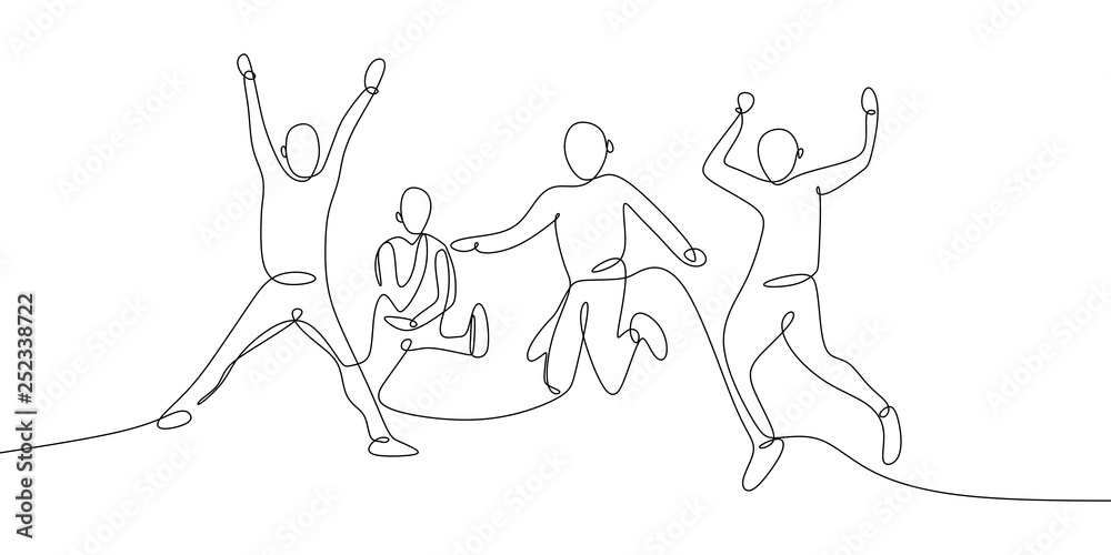 continuous one line drawing of four jumping happy team members ...