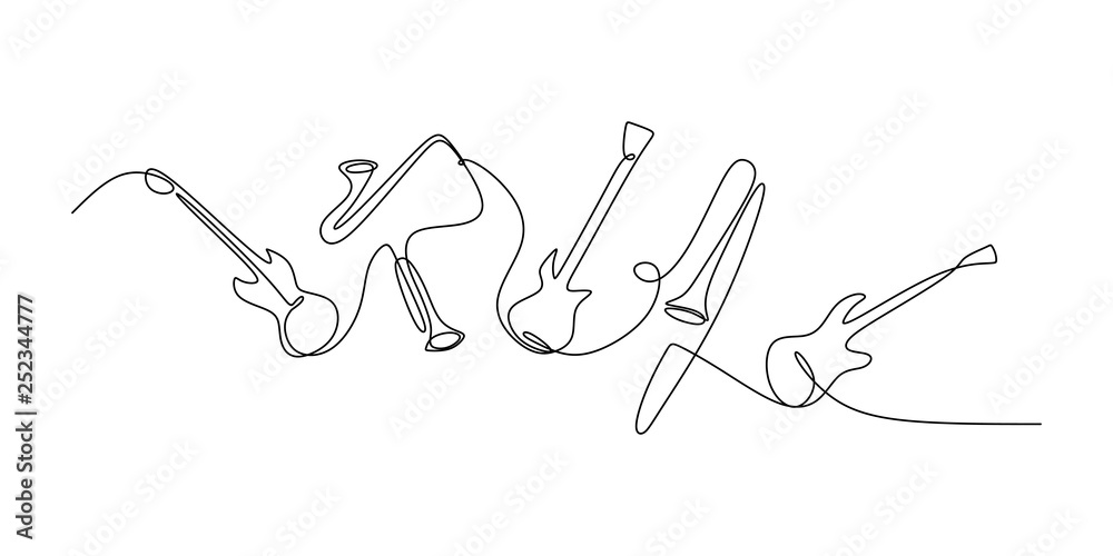 continuous line drawing of jazz instrument. Musical tools of electric ...
