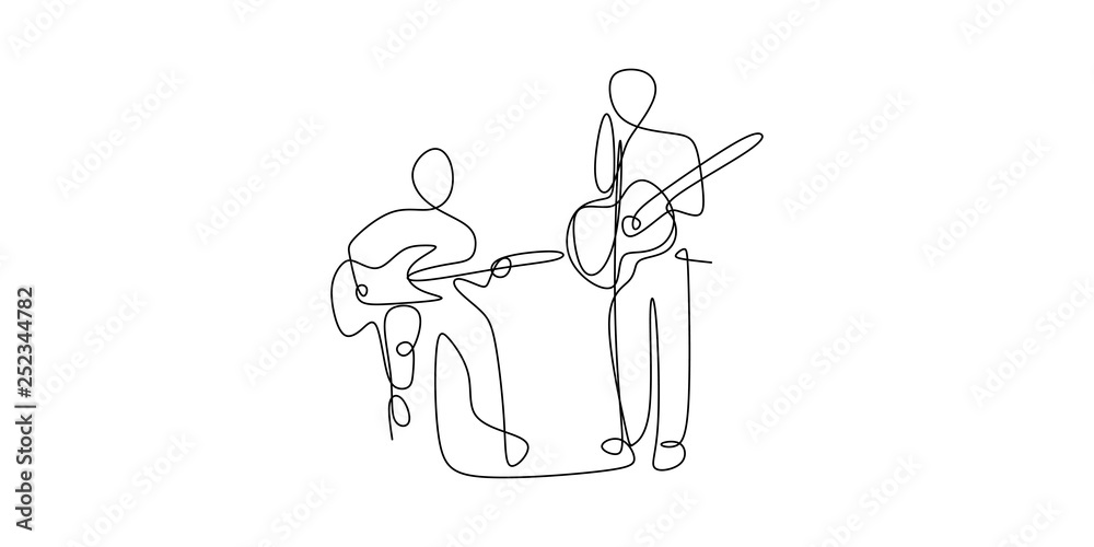 continuous line drawing of acoustic concert with two male person sing a ...