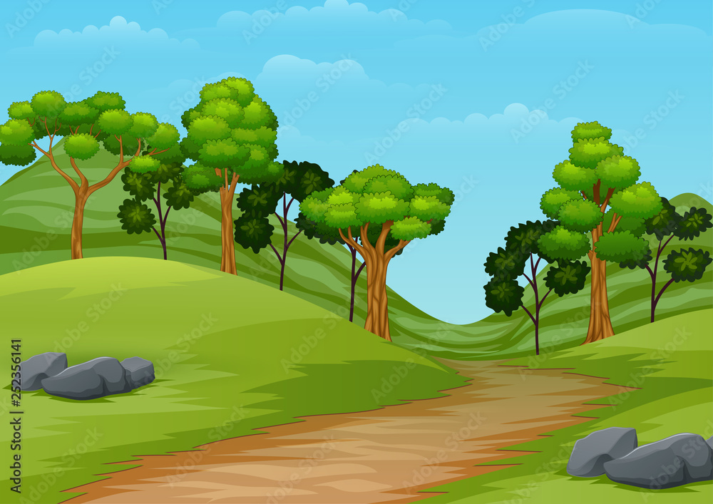 Cartoon summer landscape with road trail to forest Stock Vector | Adobe ...