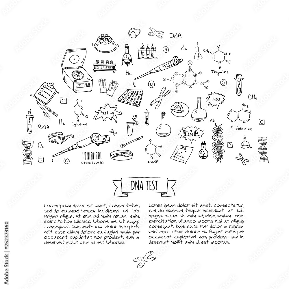 Hand drawn doodle DNA test icons set. Vector illustration. Medical lab ...