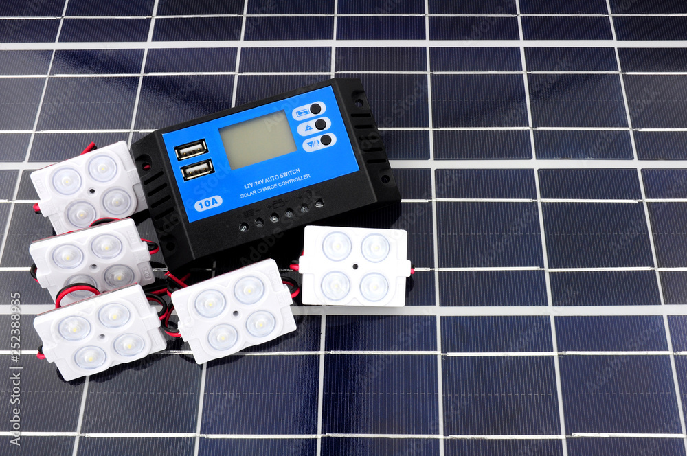 Solar lighting kit with lights and charger control unit on a solar ...